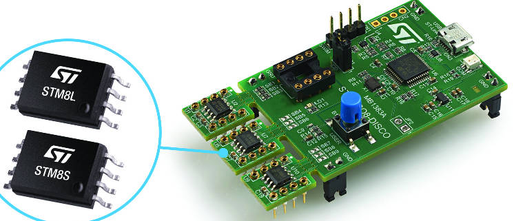One-board dev kit has three snap-off 8pin STM8 Microcontrollers ...