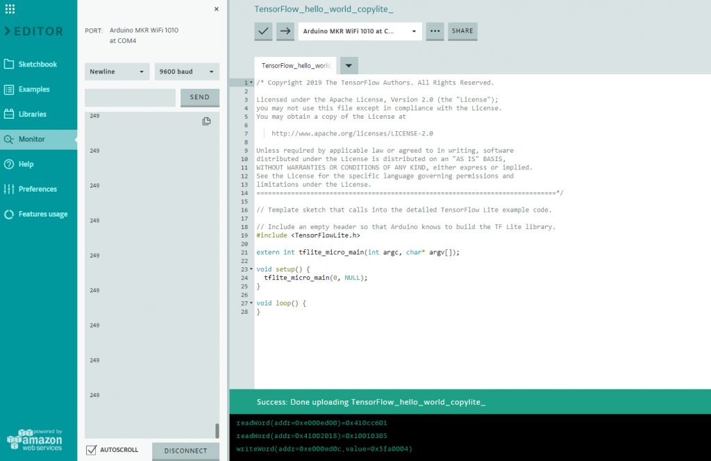 TensorFlow Lite machine learning on Arduino MKR WIFI 1010