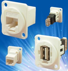 White RJ-45 and USB connectors for medical equipment fit in XLR holes ...