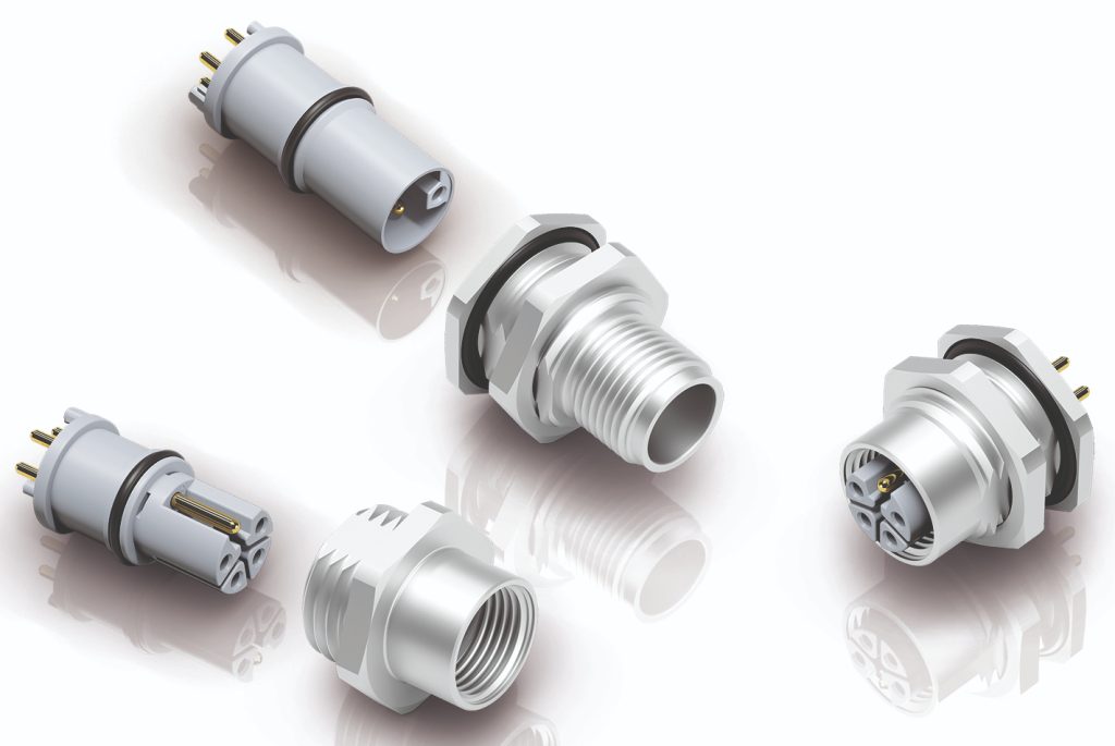 M12 panel mount connectors with L-coding and dip solder contacts ...